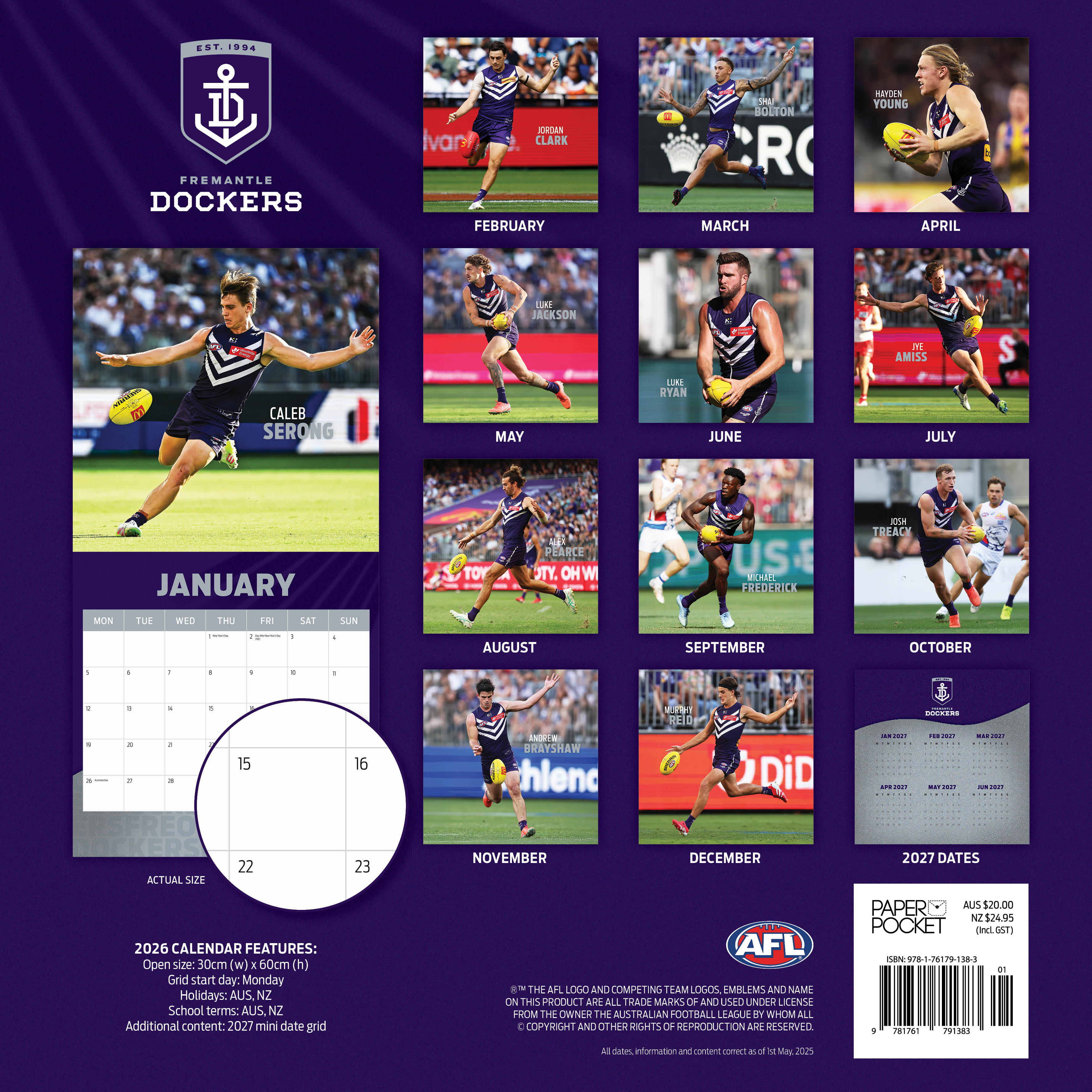 2026 AFL Fremantle Dockers - Square Wall Calendar